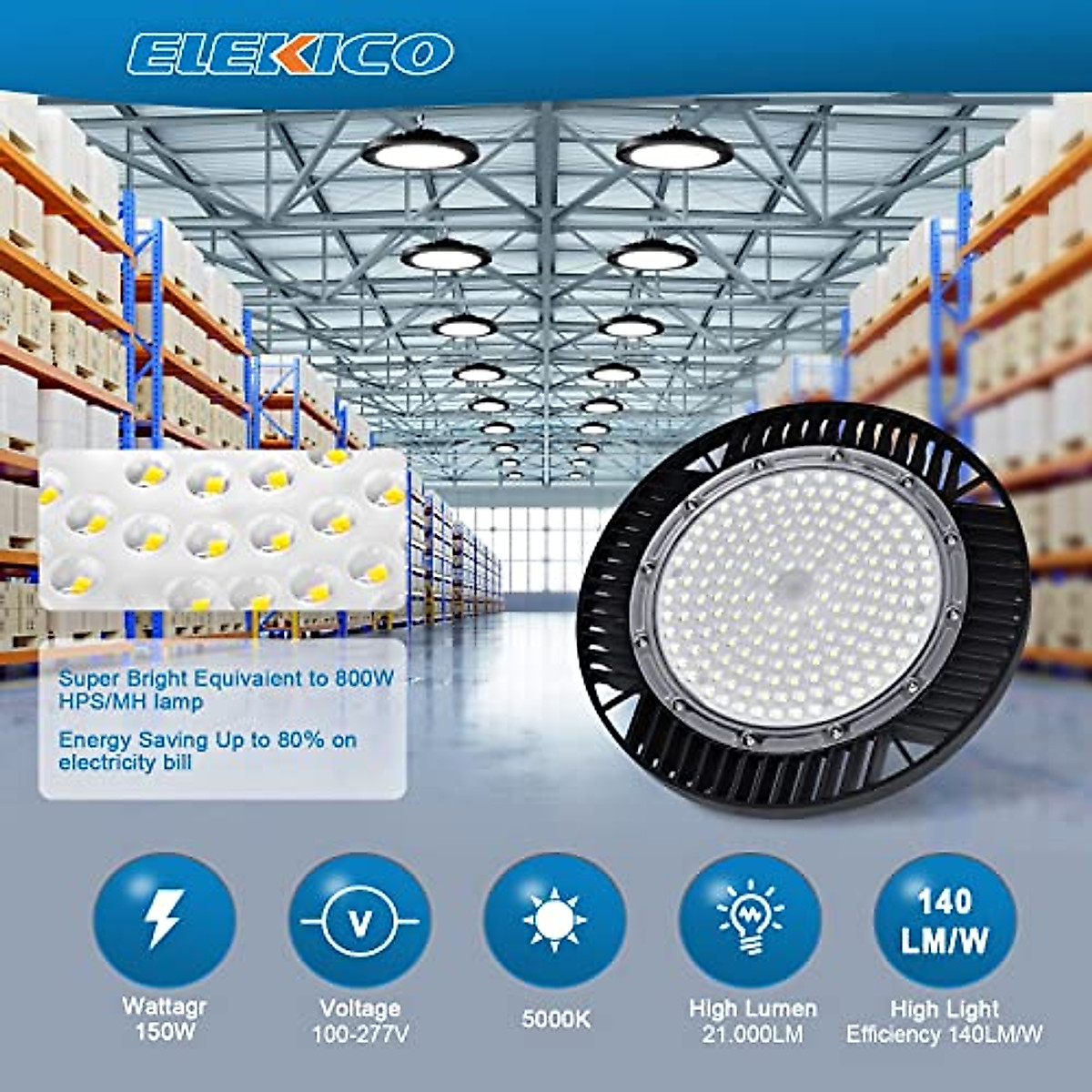 ELEKICO led high Bay Light, 150W 21000Lm 5000K Daylight IP65 high Bay led Lights with Plug 5ft Cable, UFO led high Bay Lights for Warehouse Workshop Factory Barn Garage Area Lighting Fixture 4 Pack