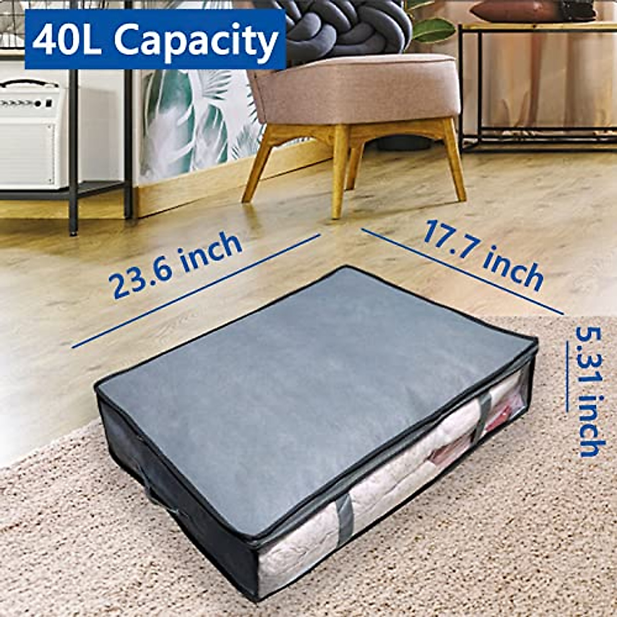 YuGtcen Underbed Storage, 3 Pcs Under Bed Storage Containers Foldable Zippered Clothing Storage Bag for Bedroom Organization, Blanket Storage Bins for Comforter, Sweaters, Clothes, etc (Grey)