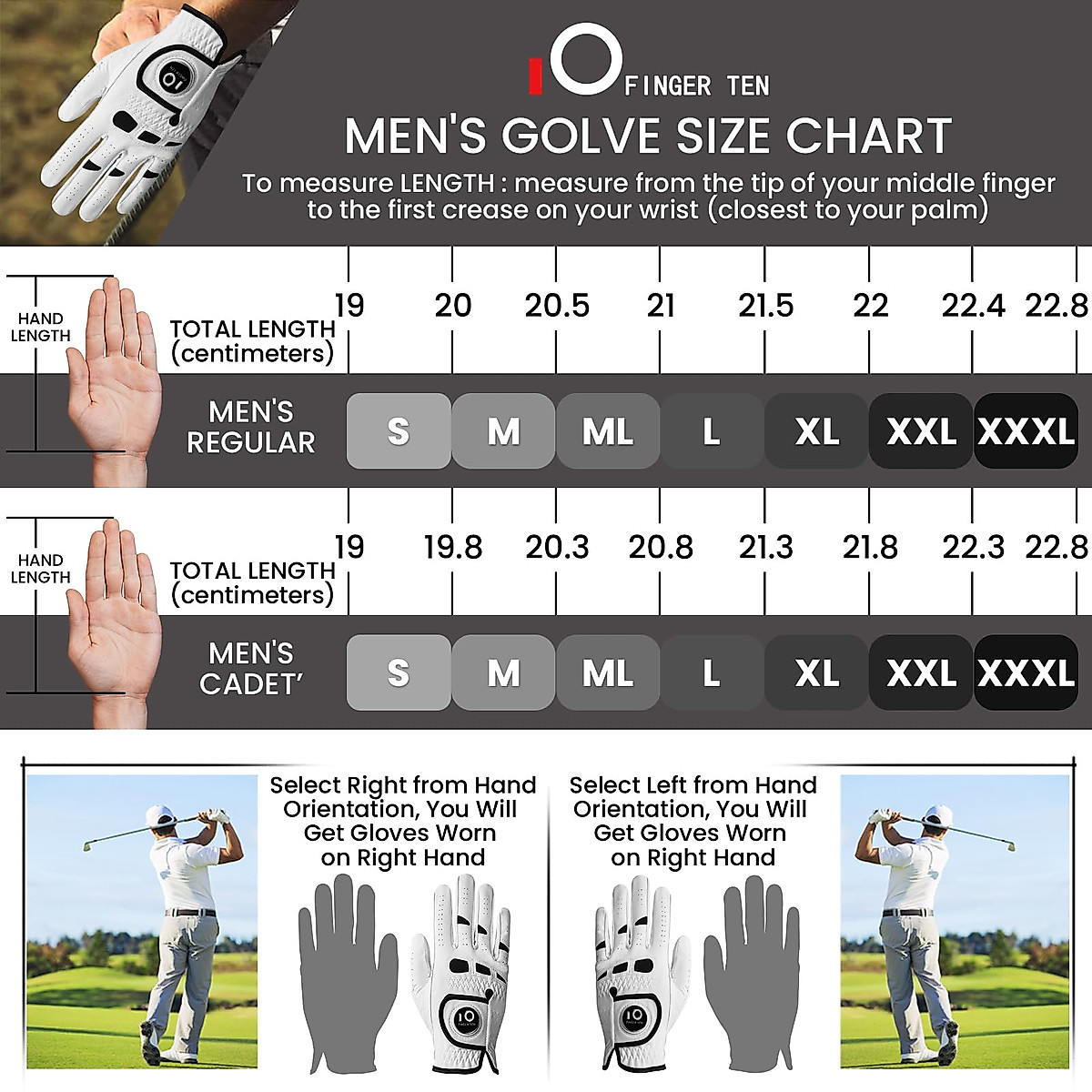 FINGER TEN Men’s Golf Glove Left Hand Right with Ball Marker Value 2 Pack, Weathersof Grip Soft Comfortable, Fit Size Small Medium ML Large XL (Cadet S, Worn on Right Hand)