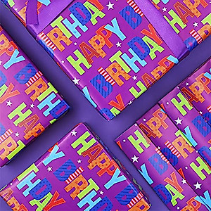 Happy Birthday Wrapping Paper For Kids Girls Boys Women Men, Purple Birthday Gift Wrapping Paper, Wrapping Paper Birthday 6 Sheets Folded Flat 20x28 Inches per Sheet