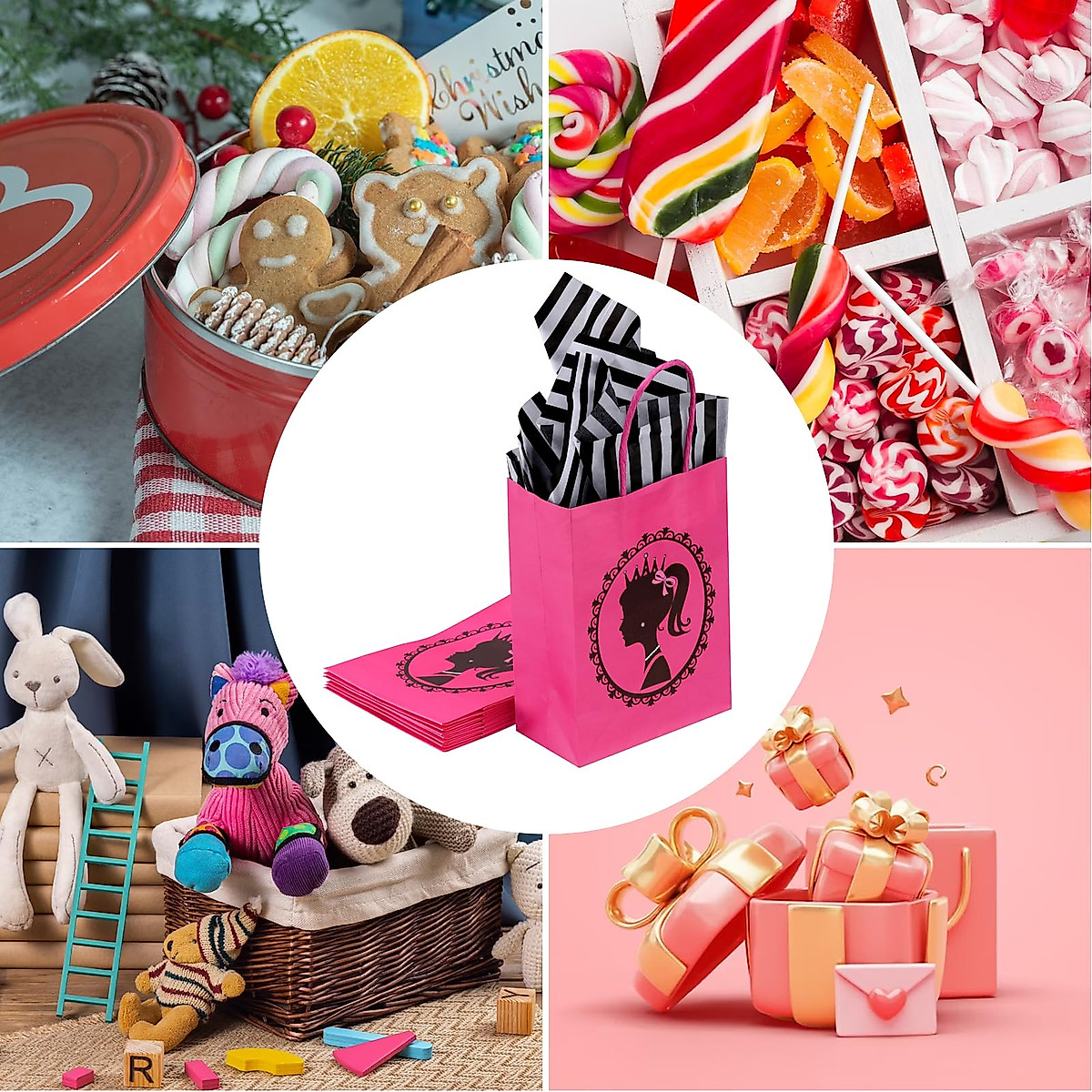 XUWAIDSGN Hot Pink Girls Party Favor Gift Bags with Stripe Tissue Paper Princess Paper Goodie Bags with Handles Cute Treat Bags for Birthday Theme Party Girls Party (24)