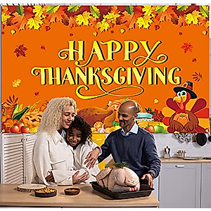 PTFNY Happy Thanksgiving Backdrop Banner 73 x 43 Inch Large Thanksgiving Day Background Banner Maple Leaves Pumpkin Turkey Party Banner Thanksgiving Decorations Photo Booth Props