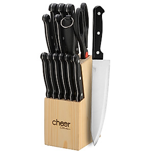 Cheer Collection 13-Piece Stainless Steel Knife Set with Wooden Block | Premium Steak, Paring, Carving, and Butcher Knives with Kitchen Shears | Razor Sharp, Ergonomic Grip