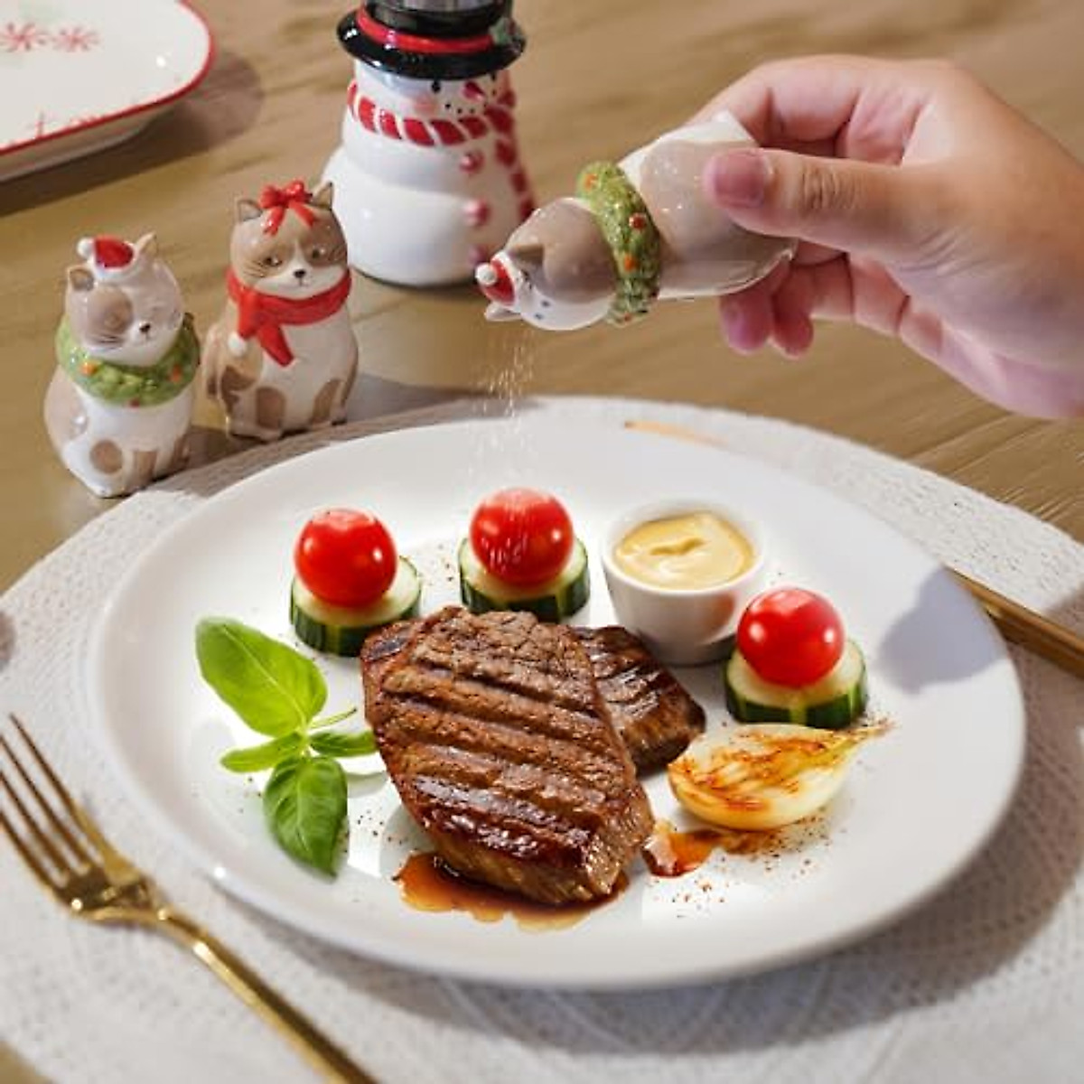 Christmas-Decorative Salt & Pepper Shakers Sets- Ceramic Cat Salt and Pepper Shakers Sets Novelty Christmas Fat Cat Design Easy to Refill & Dispense (Seasoning & Spice) 3.25H inch Newman House Studio