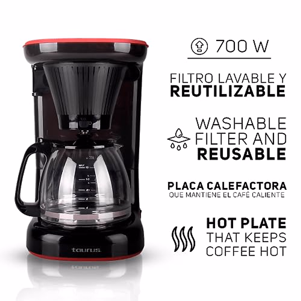 Taurus | Velvet | COFFEMAKER | Glass Jar 38.4 oz |Modern Design Coffee Machine|700 watts of power |washable and reusable filter |Compact size | Make it in minutes|