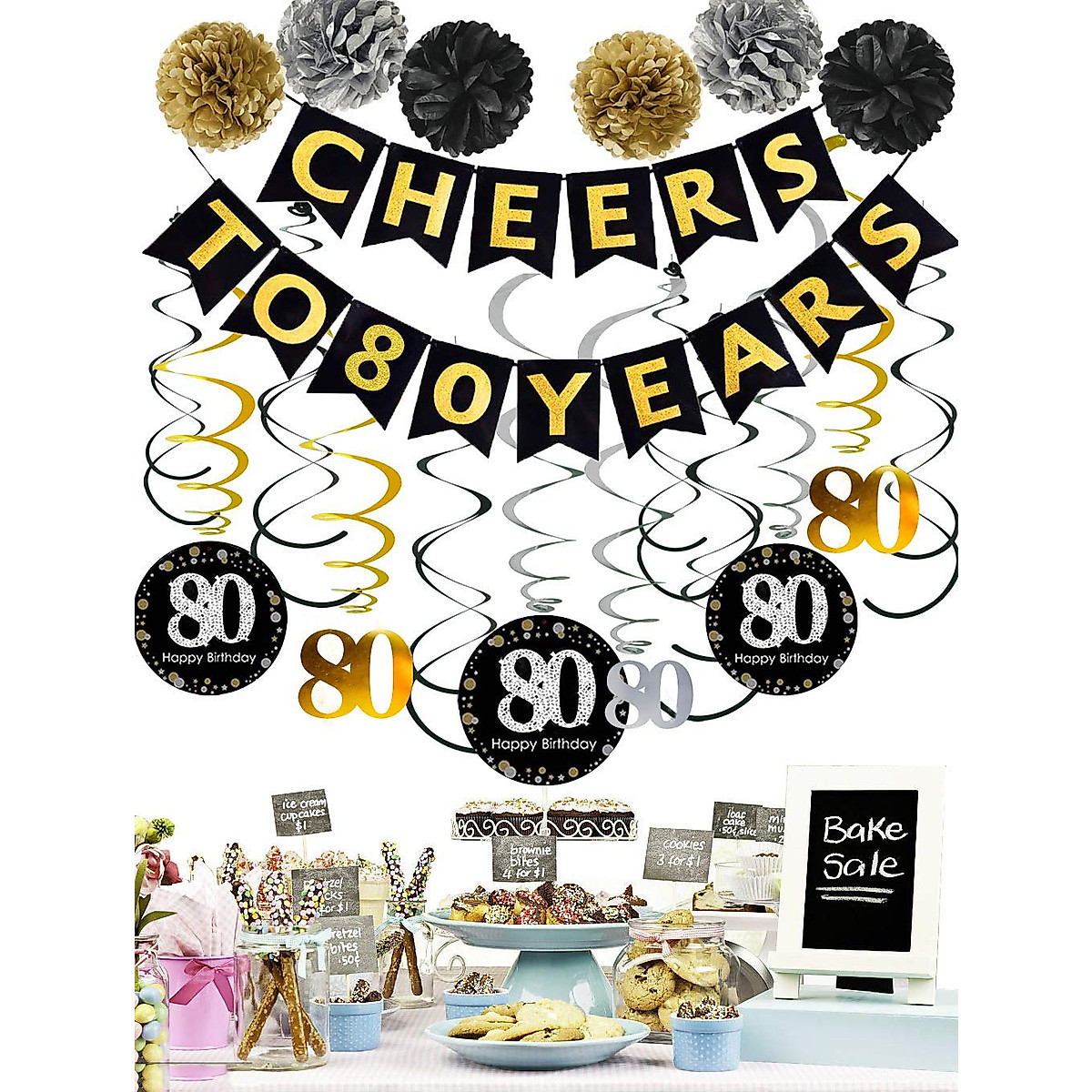 Famoby 80th Birthday Party Decorations Kit - Gold Glittery Cheers to 80 Years Banner,Poms,12Pcs Sparkling 80 Hanging Swirl for 80th Anniversary Decorations 80 Years Old Party Supplies