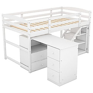 HYC Twin Loft Bed with Multifunctional Movable Built-in Desk, Wood Low Loft Bed with Stairs, for Kids Teens Girls Boys,White