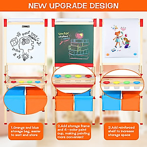 Kids Wooden Easel with Paper Roll, Fixget Upgrade Double-Sided Whiteboard & Chalkboard Standing Easel, Art Easel with Numbers Magnetic Accessories Art and Craft Set Painting Drawing Gifts for Toddler
