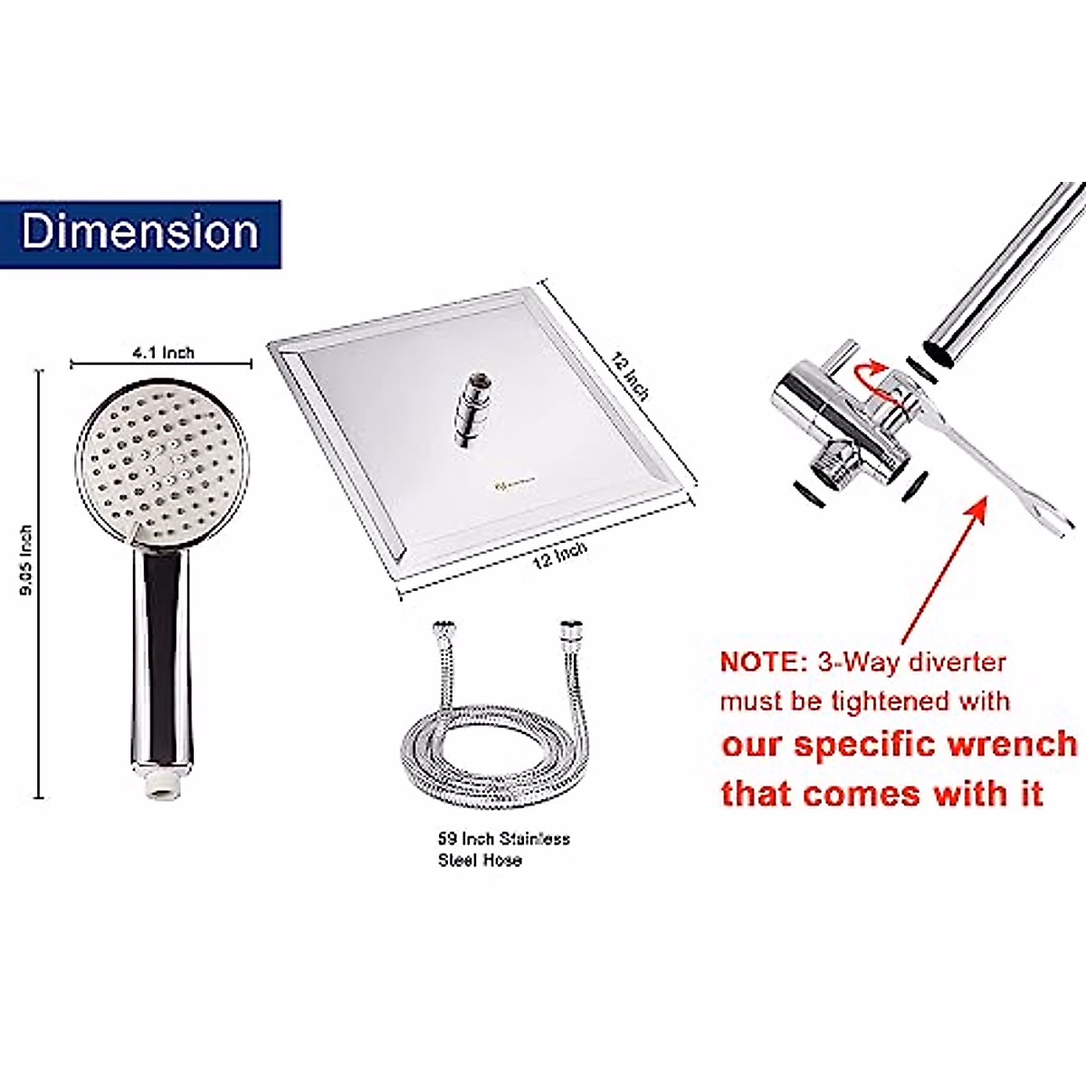 Shower Head Combo with 11'' Extension Arm，High Pressure Rain Shower Head with Handheld Shower Spray and Holder/ 1.5M Hose，Dual Rainfall Showerhead Set，Chrome (12 Inch)