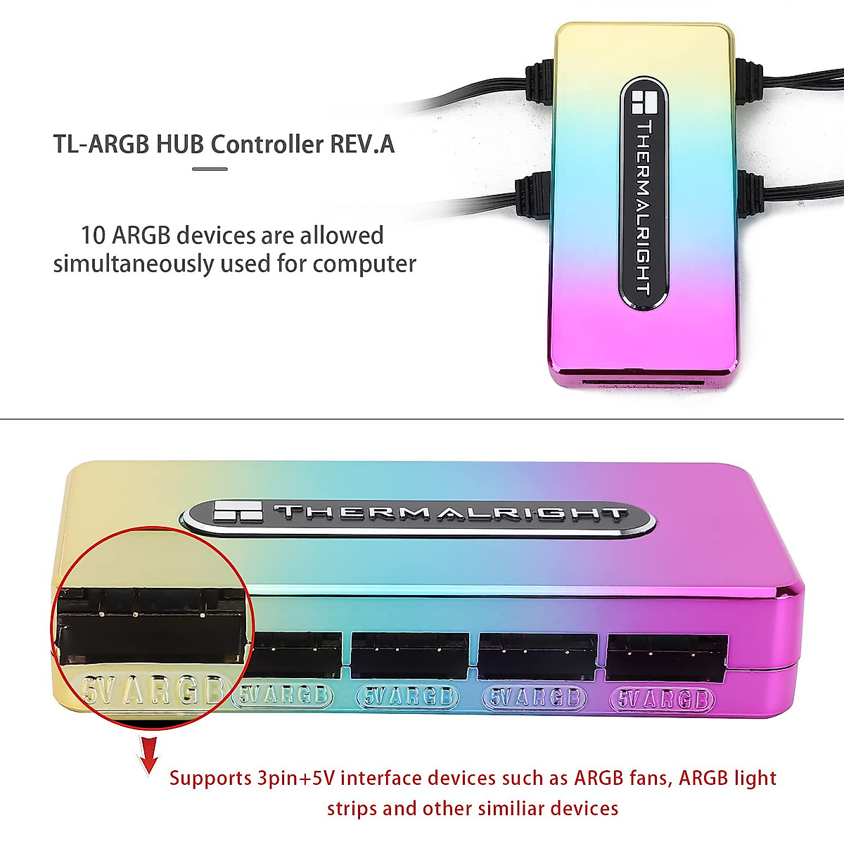 Thermalright Integrated ARGB Fan Hub, 10-Port 3 Pin PC Fan Controller, 5V Fan ARGB Hub, Support up to 10 Fans, SATA Power Cord Direct Input