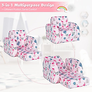 Costzon Kids Couch, 3 in 1 Convertible Flip Open Children's Sofa w/Foam-Padded Seat, Toddler Armrest Chair Bed for Nap Play Sleep, Fold Out Lounger Kids Sofa, Gift for Children Boys Girls (Flamingo)