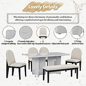 WOZNLA Room 6-Piece Modern Style Set-Faux Marble Table with 4 Upholstered Dining Chairs & 1 Bench-Contemporary White Design for Family Kitchen