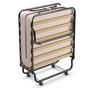 RELAX4LIFE Folding Bed with Mattress, Rollaway Guest Bed w/Metal Frame, Memory Foam Mattress, Portable Fold Up Bed for Small Space Apartment Home, 75’’ x 32’’ Cot Size, Foldable Bed for Adults (Beige)