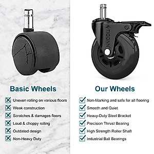 TICONN Office Chair Caster Wheels Set of with Brake 5 for Tile, Hardwood Floors and Carpets, Universal Fit for Most Chairs (Black with Brake)
