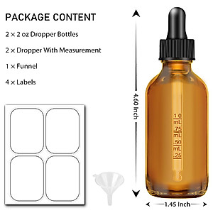 Bumobum Dropper Bottle 2 oz, 2 pack Amber Glass Eye Dropper Bottles with Labels and Funnel, Tincture Bottle with Measured Dropper - Leakproof Essential Oils Bottles