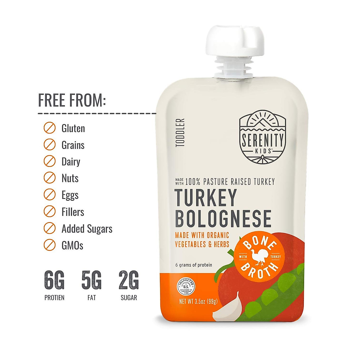 Serenity Kids Bone Broth Puree Made With Organic Veggies | Clean Label Project Purity Award Certified | 3.5 Ounce BPA-Free Pouch | Pasture Raised Turkey Bolognese | 6 Count