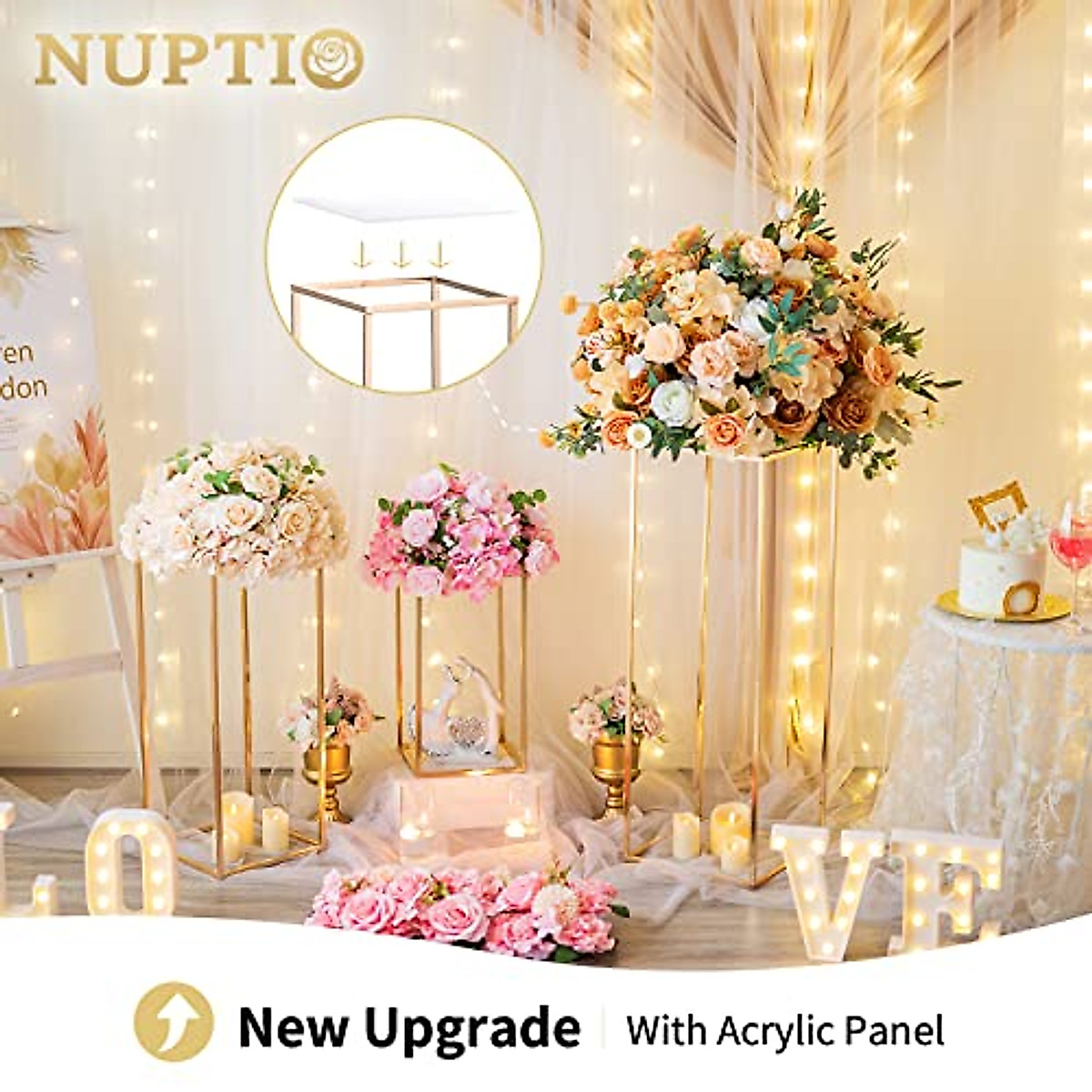 NUPTIO Wedding Centerpieces for Tables with Acrylic Panel - 3 Pcs 15.7/23.6/31.5 inch Tall Gold Vases for Centerpieces - Flower Stand for Centerpiece Table Metal Vase Column Stand Party Decorations
