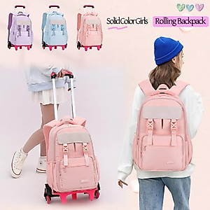 Solid-Color Rolling Backpack for Girls, Trolley Pink Wheel School Bag, Wheeled Bookbag on 6 Wheels