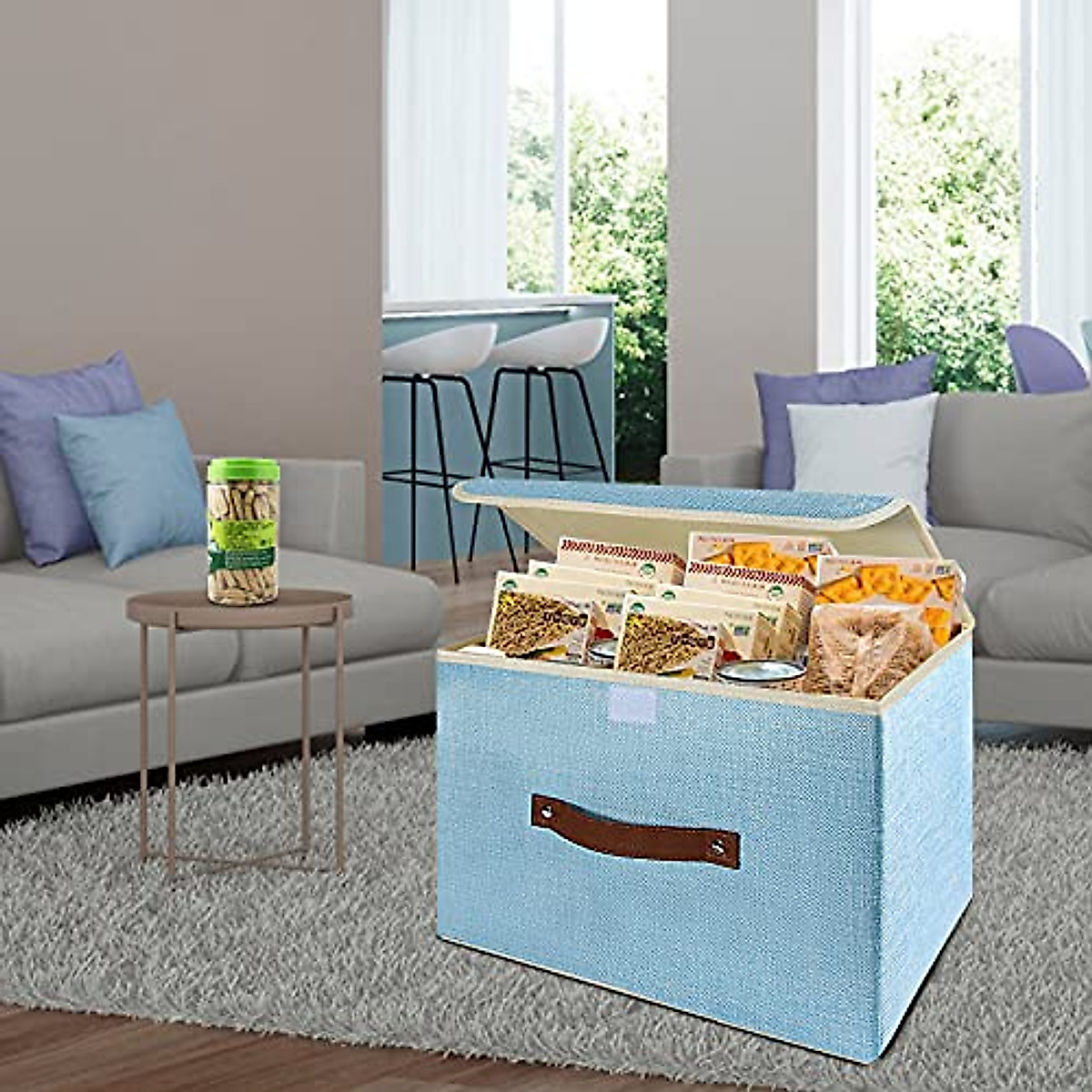 JYPS 3-Pack Extra Large Collapsible Storage Bins with Lids and Handles (15x10x10 inches), Washable Foldable Clothes Storage Boxes, Storage Cubes Organizer for Bedroom Closet Office -Blue