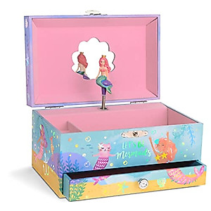 Jewelkeeper Girl's Mermaid Musical Jewelry Storage Box Pullout Drawer, Rainbow Design with Gold Foil, Over the Waves Tune