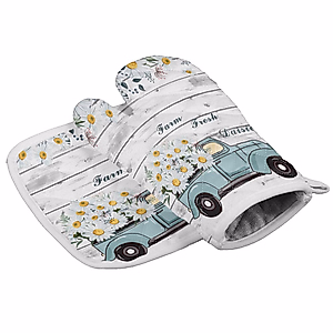 Chic D Kitchen Oven Mitts Gloves and Pot Holders Sets,Truck Farm Fresh Daisies Vintage Heat Resistant Oven Mittens and Potholders Hot Pads Set Non-Slip for Cooking BBQ Baking Grilling