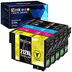 E-Z Ink (TM) Remanufactured Ink Cartridge Replacement for Epson 212XL T212XL 212 XL T212 to use with XP-4100 XP-4105 WF-2830 WF-2850 Printer (2 Black, 1 Cyan, 1 Magenta, 1 Yellow, 5 Pack)