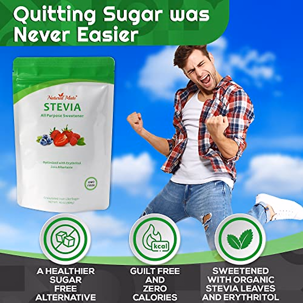 Natural Mate Zero Calorie Sweetener, 16 oz - Organic Stevia Granular Powder Blended with Erythritol - 2:1 Sugar Replacement for Keto, Paleo, Low GI