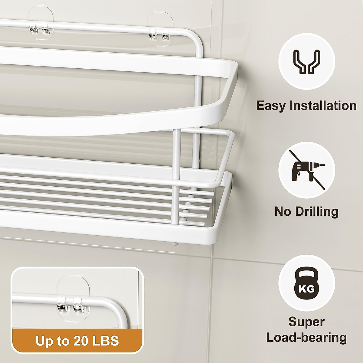 Orimade Adhesive Shower Caddy Shelf with Hooks Organizer Storage Rack Rustproof Wall Mounted Stainless Steel No Drilling for Bathroom, Toilet, Kitchen - 3 Tier, White