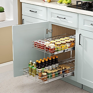 ROOMTEC Pull Out Cabinet Organizer (13½"W x 21½"D),2 Tier Pull Out Storage Shelf Drawer Basket,Sliding Shelves for Base Cabinet Organization in Kitchen, Bathroom, Pantry