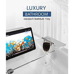 Ezcasch Acrylic Bathtub Tray Bathtub Tray Caddy Bath Tray Table for Tub Luxury Spa with Book and Wine Glass Holder Bathroom Accessories for Decorative Bathtubs, Transparent 31.5inch