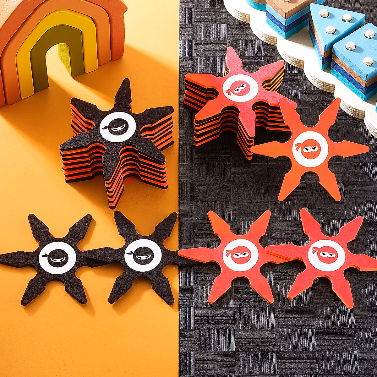 Deekin 8 Pcs Ninja Foam Star Toys Throwing Stars Foam Throwing Toys for Boys Halloween Cosplay Ninja Party Favors Birthday Party Supplies Decorations, 4 Inch, Black and Orange
