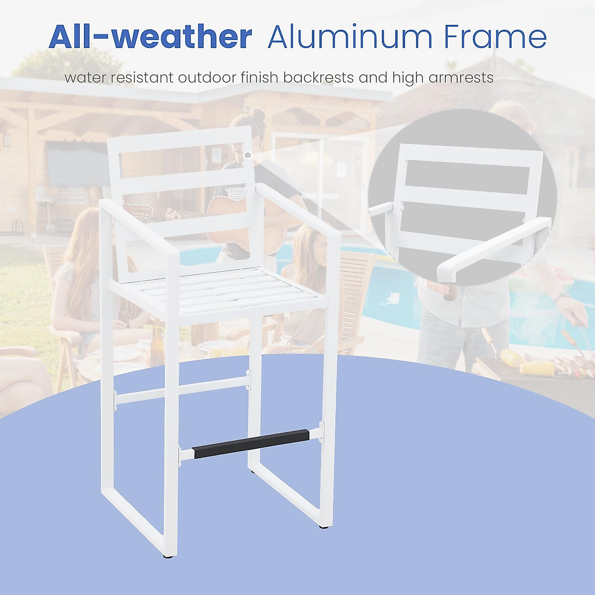 SUNSITT Outdoor Bar Stools Set of 4, All-Weather Aluminum Barstools Bar Height Patio Chairs w/Cushions & Footrest for Backyard Balcony Pool Lawn, White