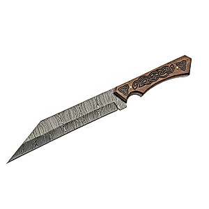 SZCO Supplies 12.25” Full Tang Celtic Handle Damascus Steel Reverse Tanto Seax Knife With Leather Sheath, Brown (DM-1300)