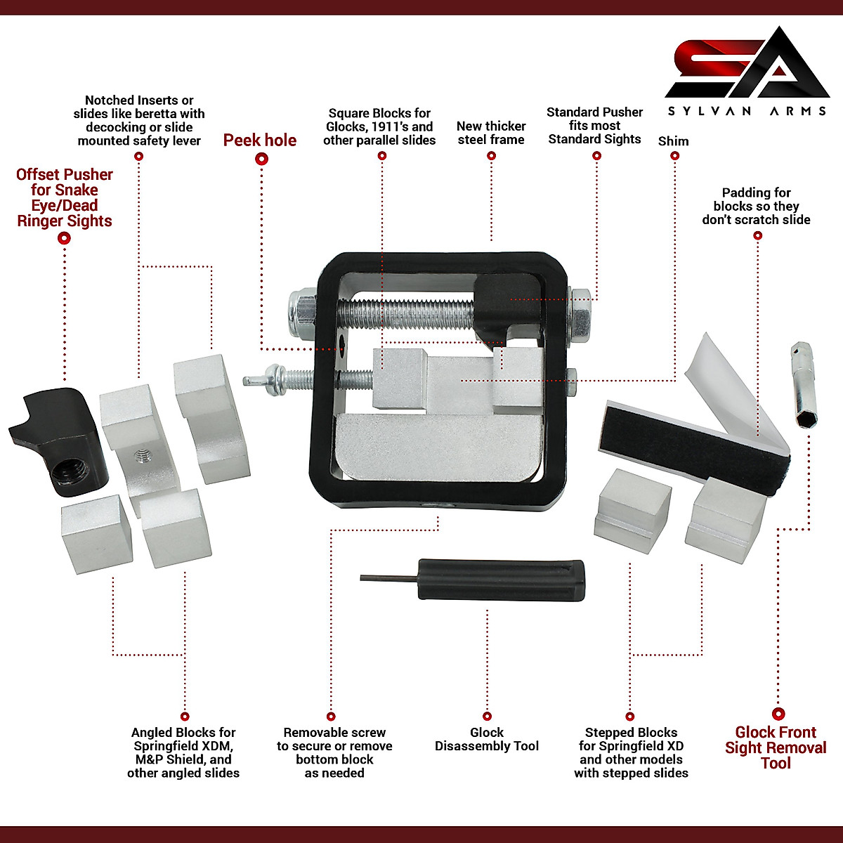 UNIVERSAL SIGHT PUSH TOOL PURSHER for HANDGUNS PISTOLS FRONT OR REAR 1911, GLOCK, ETC... (ALL BLOCKS INCLUDED)