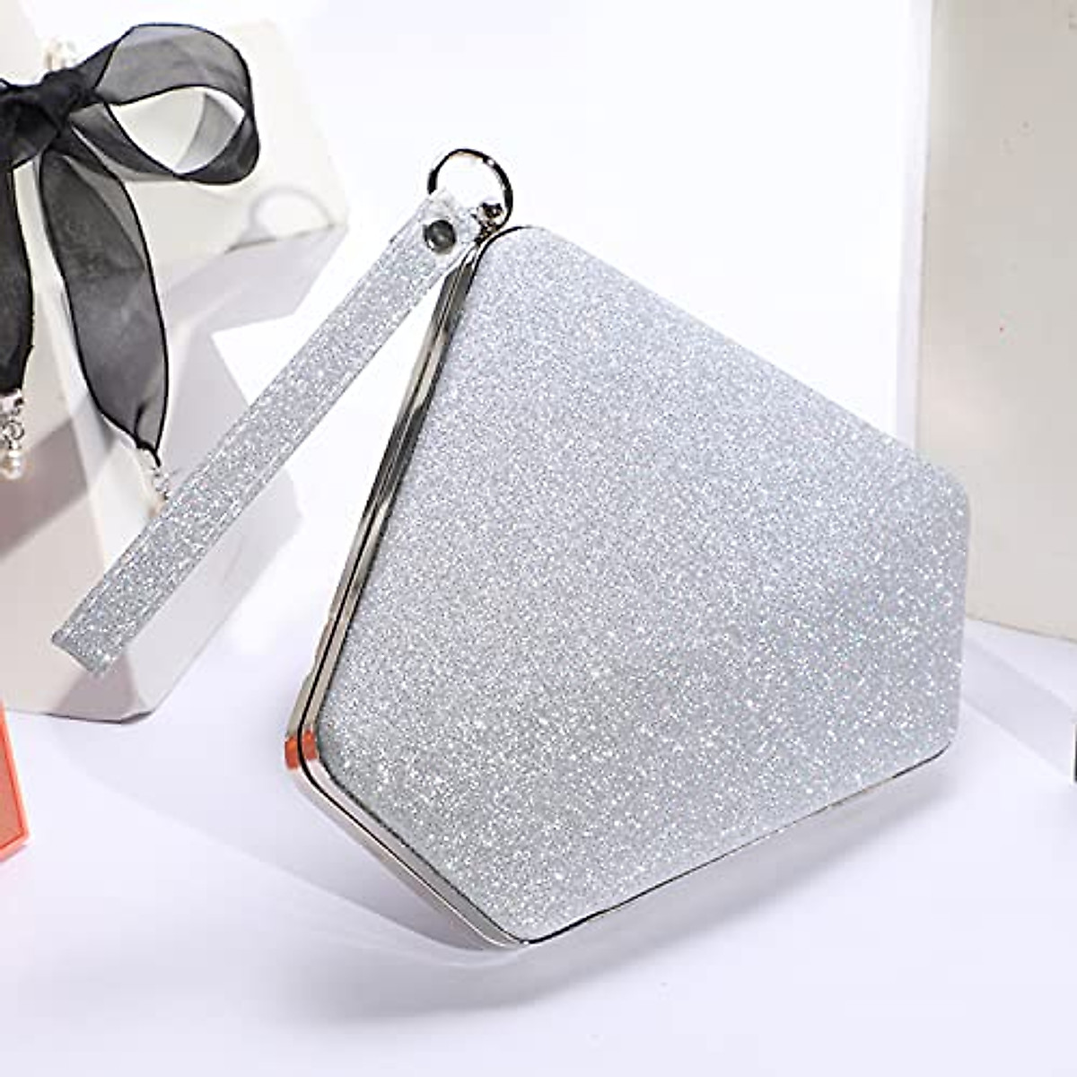 RZTA Women's Rhinestone Clutch Evening Bags Sparkly Glitter Triangle Purse for 1920s Party Prom Wedding 03-Silver