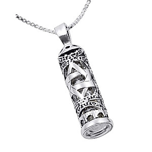 aJudaica Mezuzah Necklace Pendant in 925 Sterling Silver with Chain (Mezuzah with Star of David)