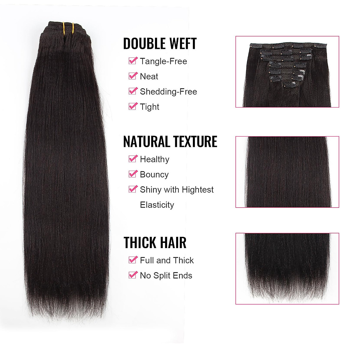 ABH AmazingBeauty Hair Real Remy Thick Yaki Straight Clip Ins Black Hair Extensions for African American Relaxed Hair 7 Pieces 120 Gram Per Set, 14 Inch
