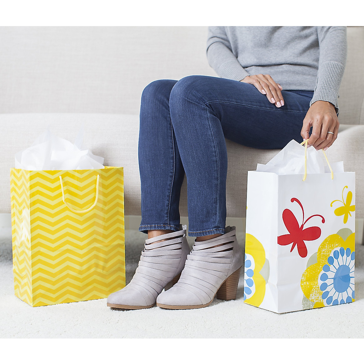 Hallmark 12" Large Gift Bags (Pack of 2: Yellow Chevrons and Flowers with Butterflies) for Birthdays, Baby Showers, Easter, Mothers Day or Any Occasion