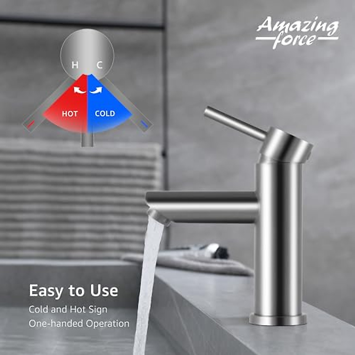 AMAZING FORCE Single Hole Bathroom Faucet Single Handle Bathroom Sink Faucet Brushed Nickel Stainless Steel Basin Mixer Tap - Sink Drain & Deck Plate Not Included 1.2 GPM