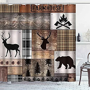 Dia Magico 4PCS Cabin Shower Curtain Set, Mountain Pine Tree Buffalo Plaid Bear Deer Elk Moose Forest Wildlife Woodland Animals Hunting Lodge Country Rustic Farmhouse Bathroom Decor, Non-slip Bath Mat