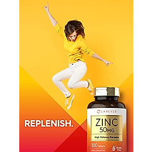 Zinc 50mg | 300 Tablets | Vegetarian, Non-GMO, and Gluten Free Supplement | Zinc Gluconate | High Potency Formula | by Carlyle