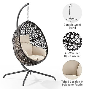 Crosley Furniture Calliope Wicker Indoor Outdoor Hanging Egg Chair with Stand for Patio, Porch, Deck, Sand