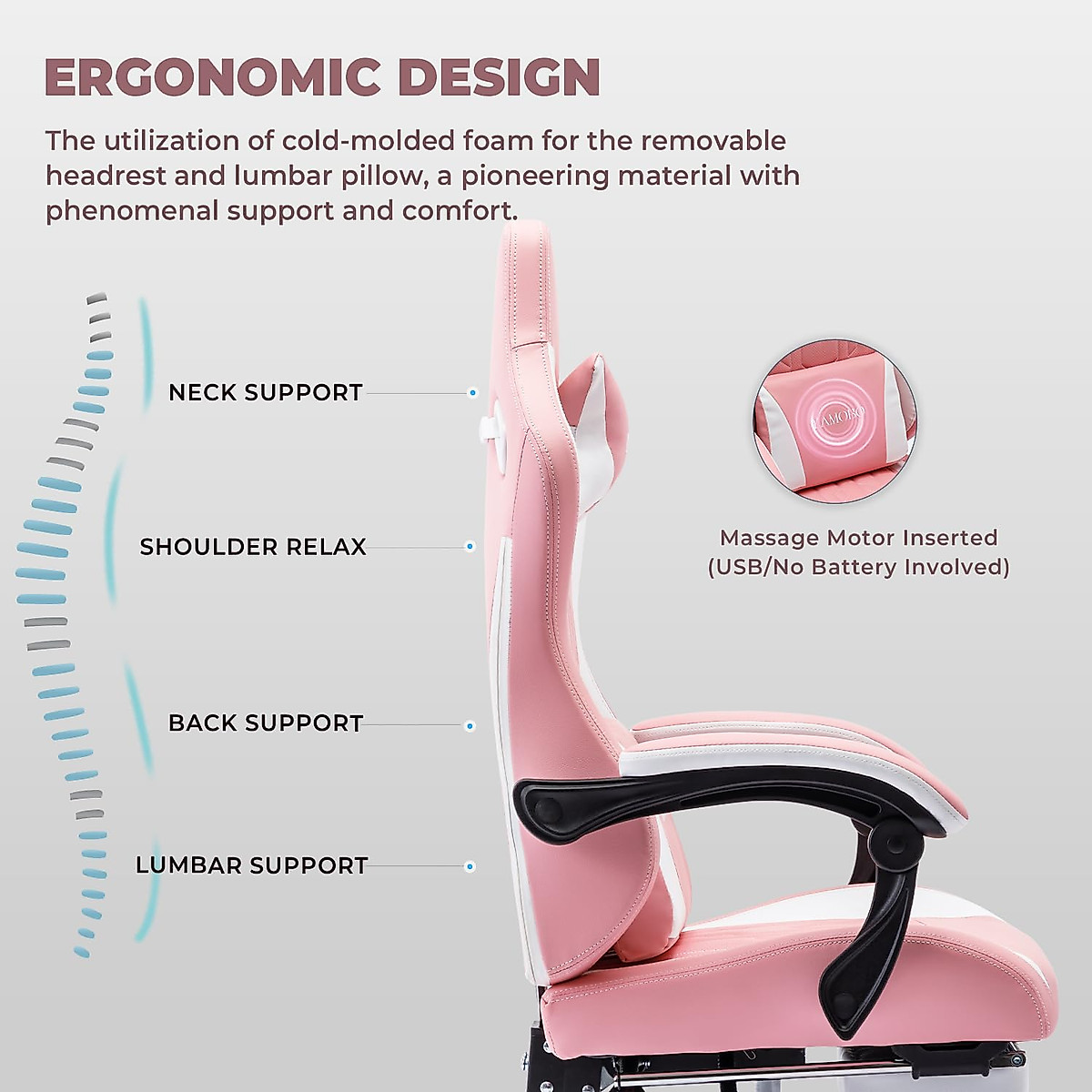 YAMOBO Gaming Chair with Footrest, Ergonomic Computer Gaming Chair with Massage Lumbar Support, High Back PC Gamer Chair for Adults with Linkage Armrests, Reclining Big and Tall Gaming Chair, Pink