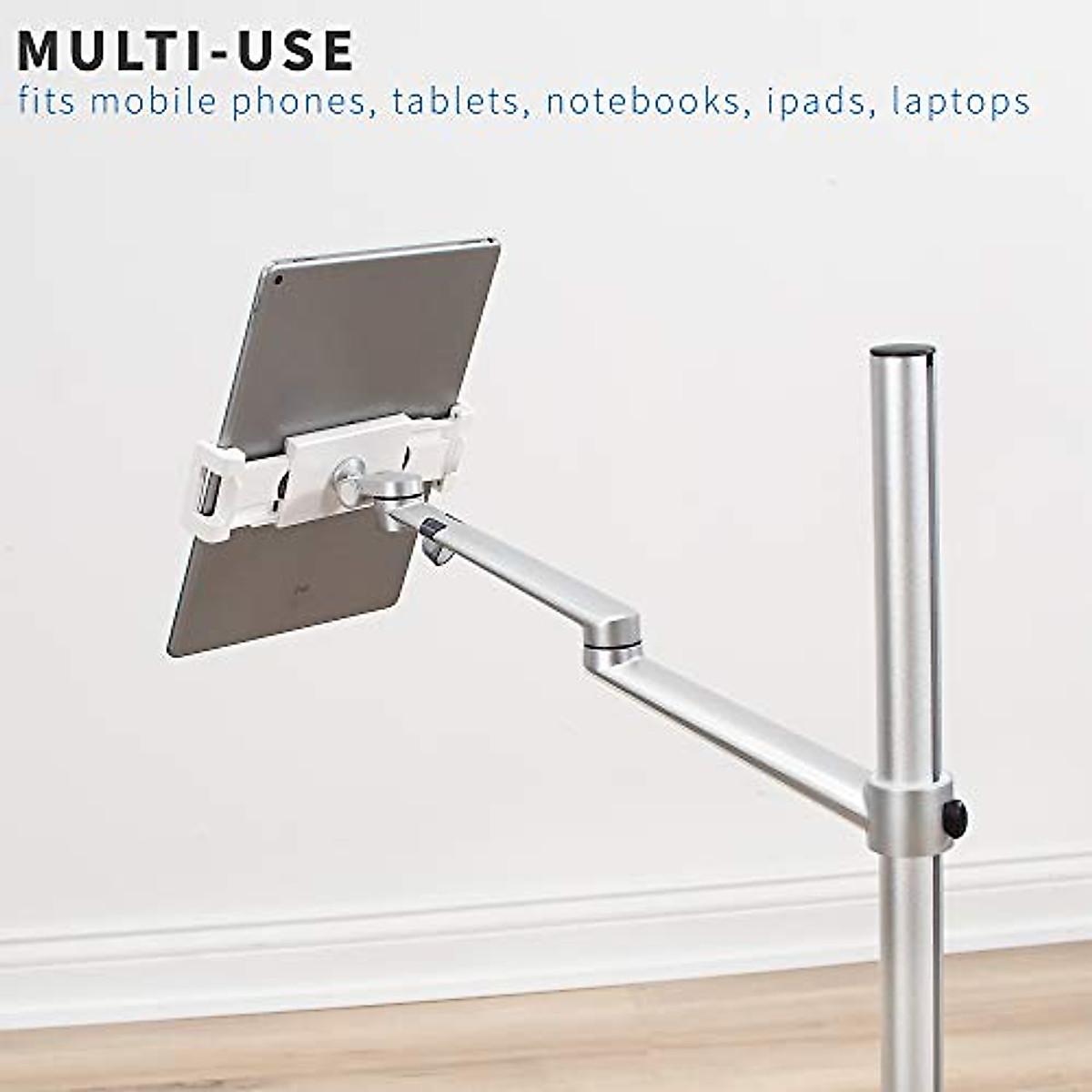 VIVO Aluminum Laptop Floor Stand for 4 to 14 inch Mobile Phones & Tablets, 12 to 17 inch Laptops, Height Adjustable 360 Degree Rotating Arm with Ventilated Tray, Silver STAND-LAP1F