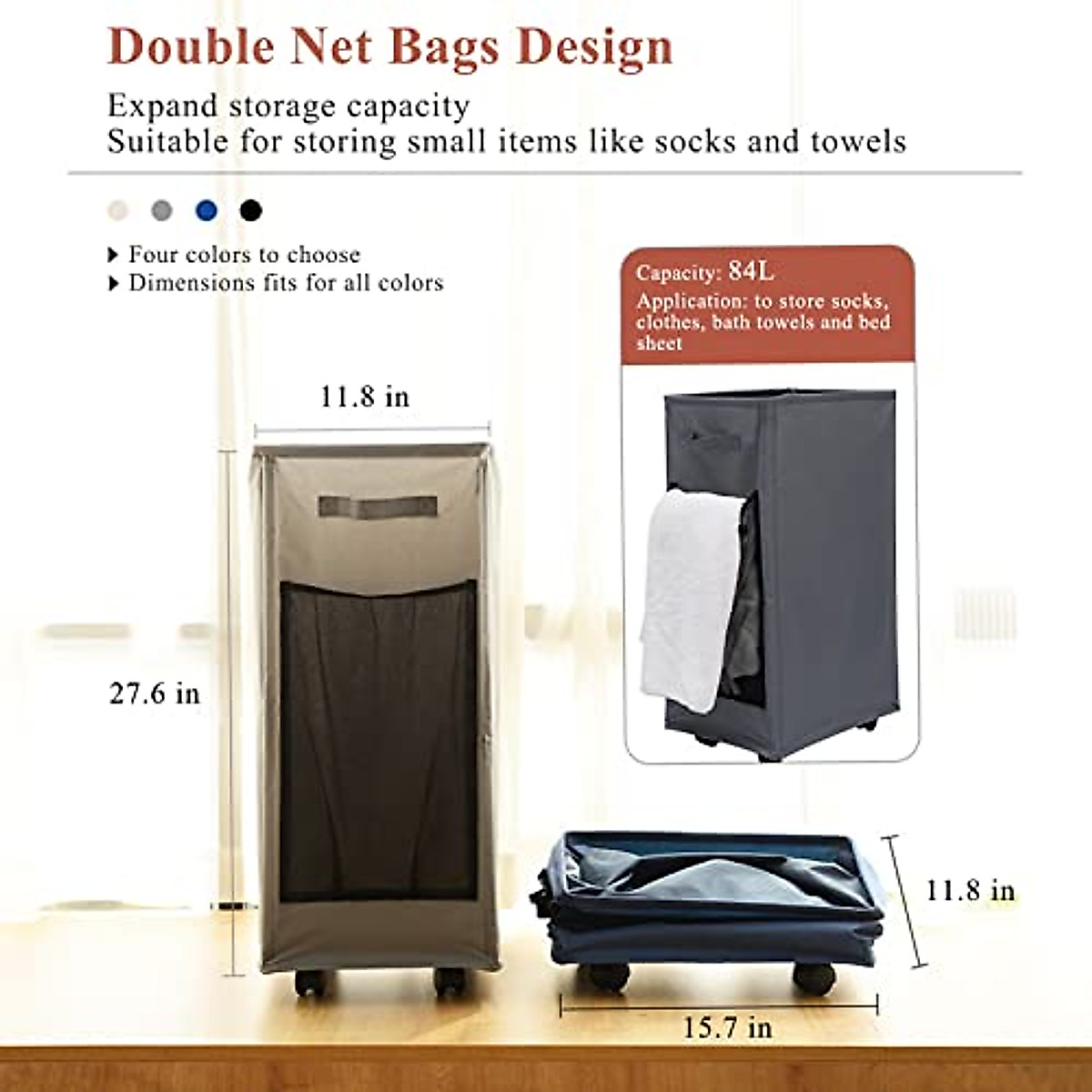 Winghin 84L Rolling Laundry Basket Corner Fitted Large Laundry Hamper with Wheels Collapsible Clothes Hamper Tall Laundry Storage Cart Foldable Clothes Organizer For Home House Office (Blue)