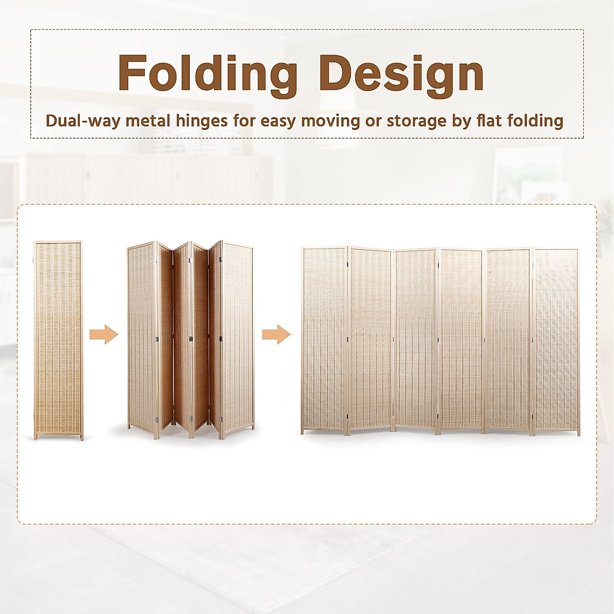 JAXPETY 6 Panel Room Divider 6ft Tall Folding Privacy Screen Freestanding Rustic and Natural Bamboo Room Partition for Home Office, Natural Color