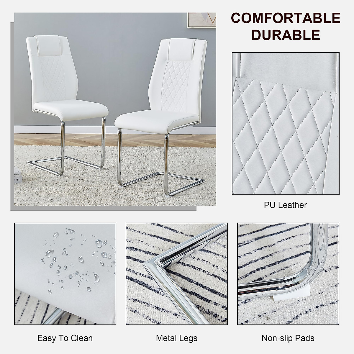 Ginxesh 63‘’ Glass Dining Table Set for 4-6,7 Dining Table Set,Rectangular Tempered Glass Top Kitchen Table and 6 Faux Leather High Back Upholstered Dining Chairs (White, 6 Chairs)