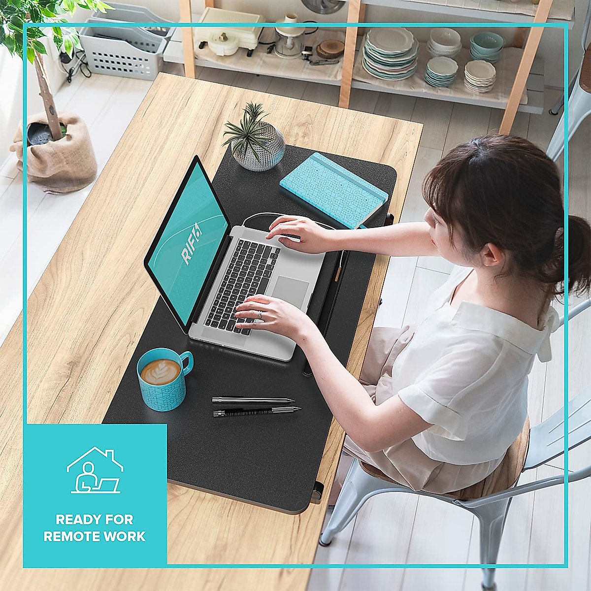 RIF6 34 Inch Convertible Standing Desk – Desk Riser with Customizable Height Settings – Sit to Stand with Spring Assisted Handle – Comes with Tablet and Phone Holder – Black