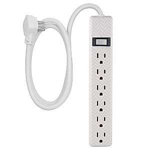 6-Outlet Power Strip, 4 Ft Extension Cord, Power Strip, Flat Plug, Wall Mount, for Bedroom, Dorm, or Home Décor, Integrated Circuit Breaker, UL Listed, Gray & White Chevron, 26601