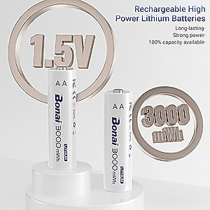 BONAI Rechargeable Lithium AA Batteries with Charger, 3000mWh 1.5V AA Batteries for Blink Camera 8 Count with 2H Fast Charge- White